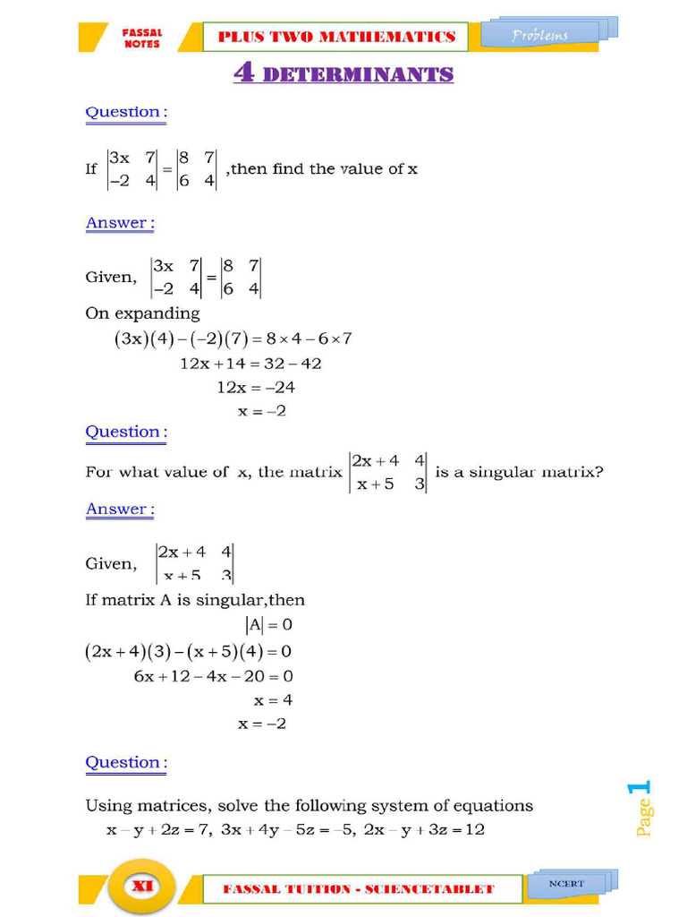 Hsslive-12 M P Chapter 04 Determinants | PDF