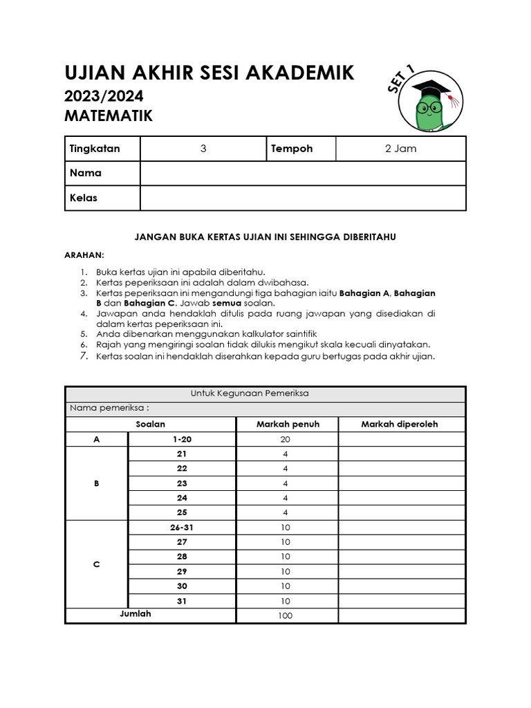 Set 1 Uasa Mate Form 3 | PDF