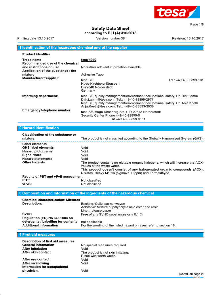 Tesa Msds - 4940 - 2017 | PDF
