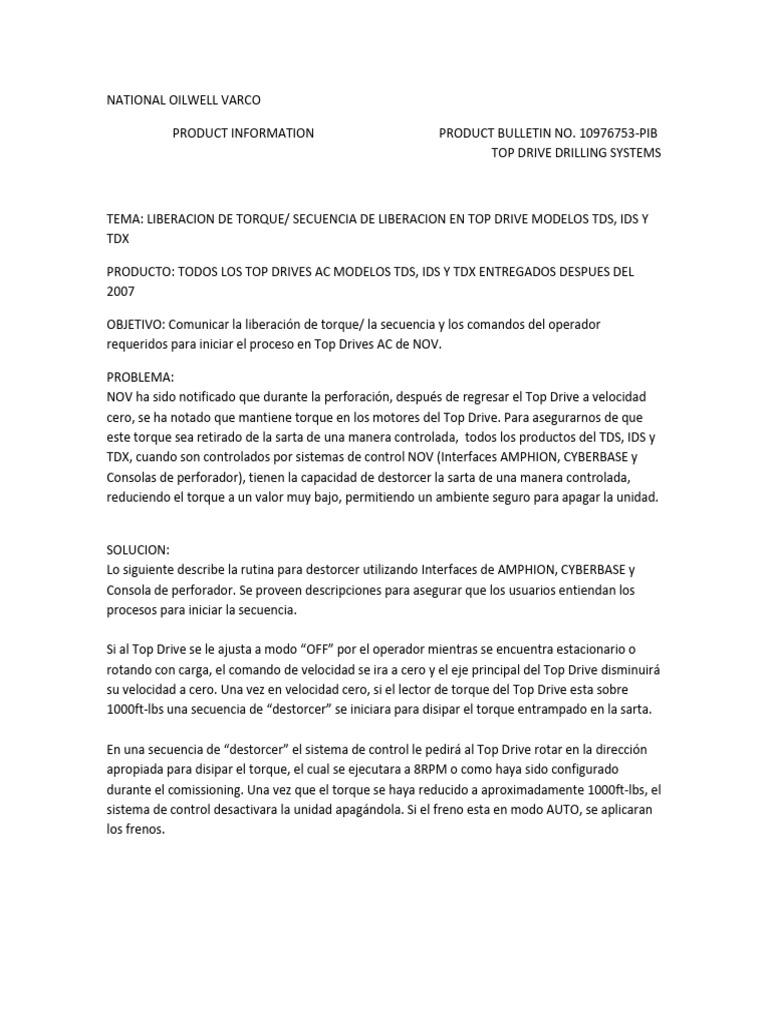 Liberación de Torque en Top Drives TDS/IDS/TDX | PDF