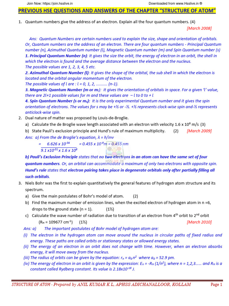 Hsslive-Xi-Chem-Prvs-Qn-2. Structure of Atom Q & A | PDF