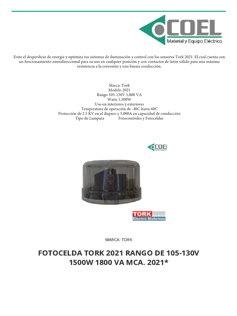 Fotocelda Tork 2021 Rango de 105-130V 1500W 1800 VA MCA. 2021 | PDF