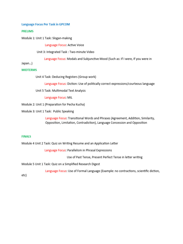 Language Focus Per Task in GPCOM | PDF