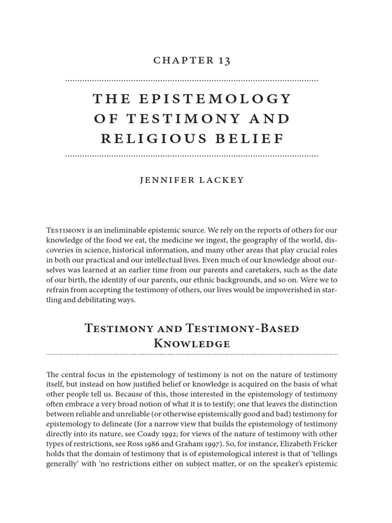 Lackey - Epistemology of Testimony Religious Belief | PDF ... Lackey - Epistemology of Testimony Religious Belief | PDF ...