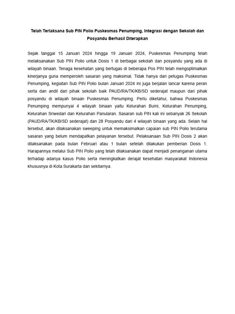 Sub PIN Polio Puskesmas Penumping 2024 | PDF
