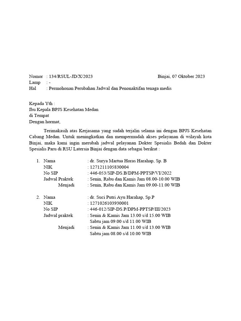 Perubahan Jadwal Dokter RSU Latersia | PDF