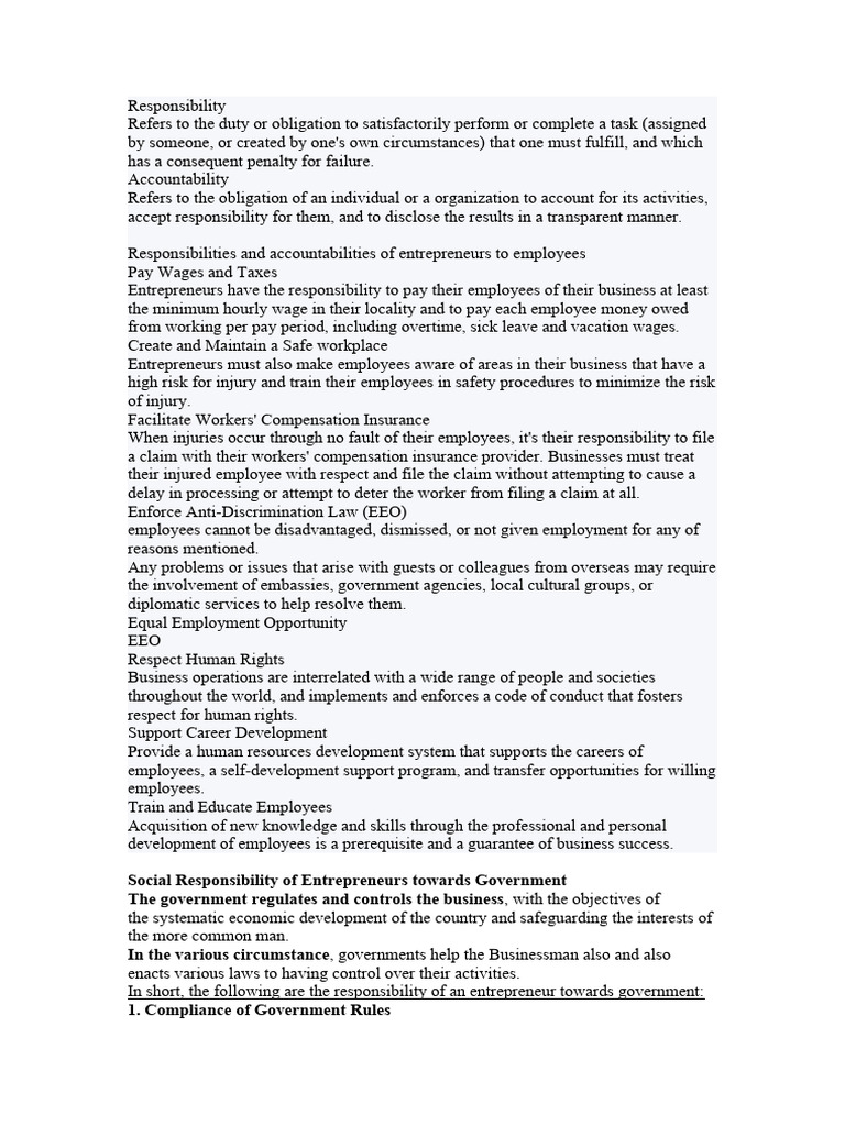 Responsibilities of Entrepreneurs | PDF | Loans | Debt