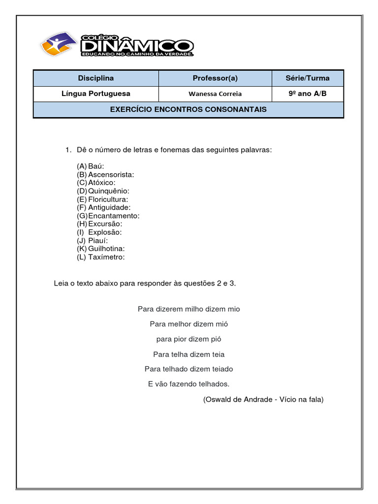 22.11.2023 - Exercício Encontros Consonantais | PDF | Fonética | Linguística