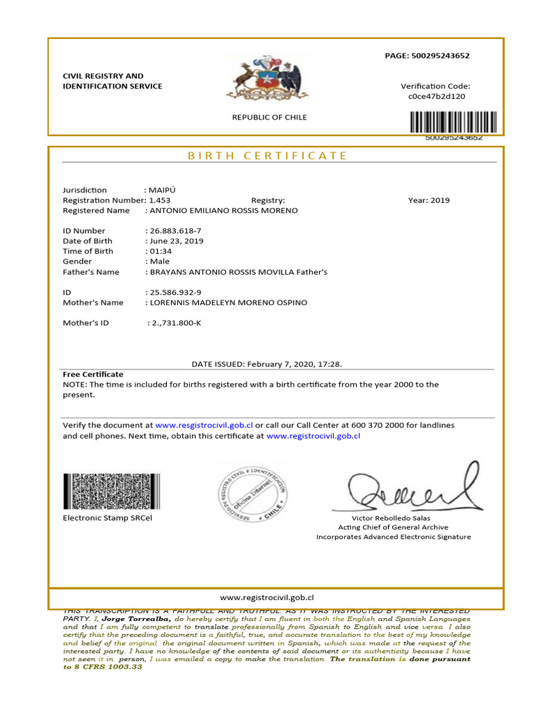 Chilean Birth Certificate Details | PDF