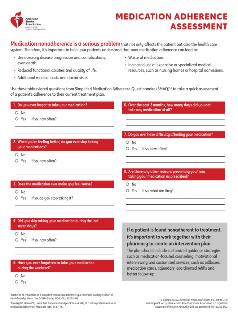 Medication Adherence Assessment | PDF | Patient | Clinical Medicine