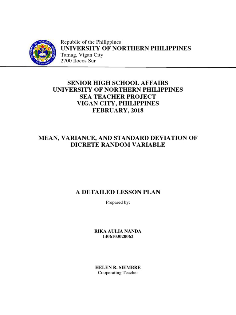 Detail-Lesson-Plan MEAN VARIANCE & SD OF DISCRETE RANDOM VARIABLE | PDF | Variance | Expected Value