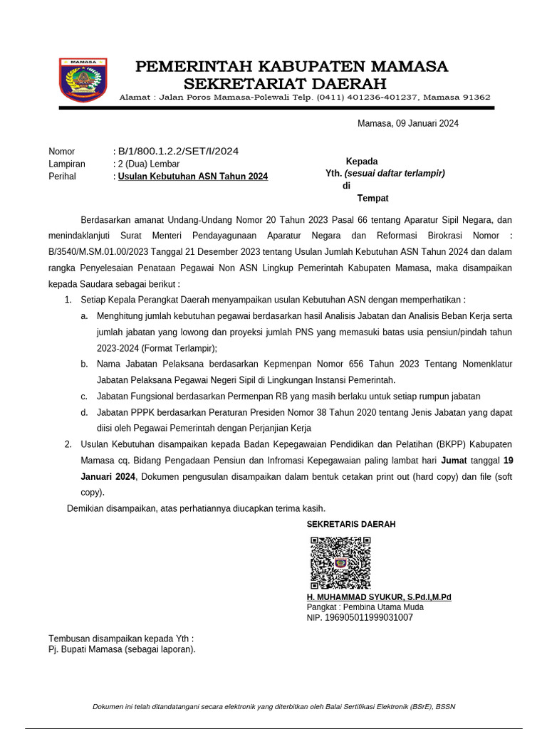 Surat Usulan Kebutuhan ASN Formasi Tahun 2024 | PDF