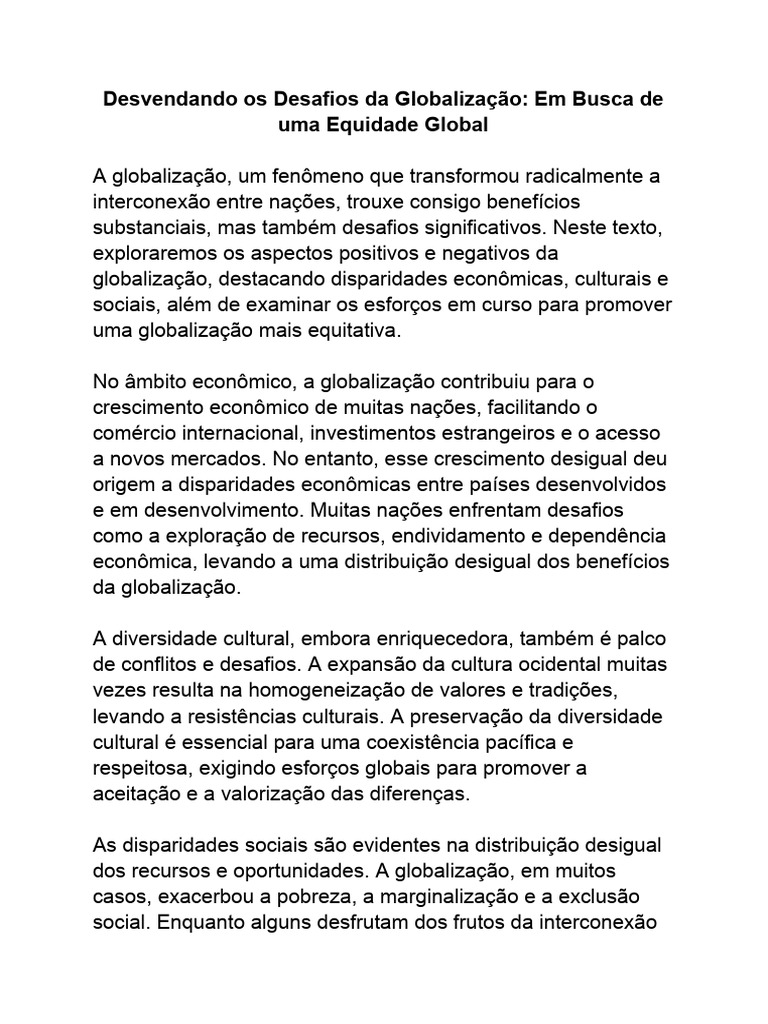 Desvendando Os Desafios Da Globalização em Busca de Uma Equidade Global ... Desvendando Os Desafios Da Globalização em Busca de Uma Equidade Global ...