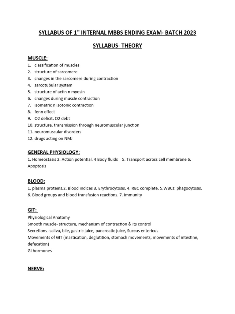MBBS 1st Year Internal Exam Syllabus | PDF | Muscle Contraction | Lung