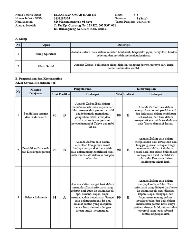 01 Rapot Kelas 5 Semester 1 T.P. 2023 - 2024 | PDF