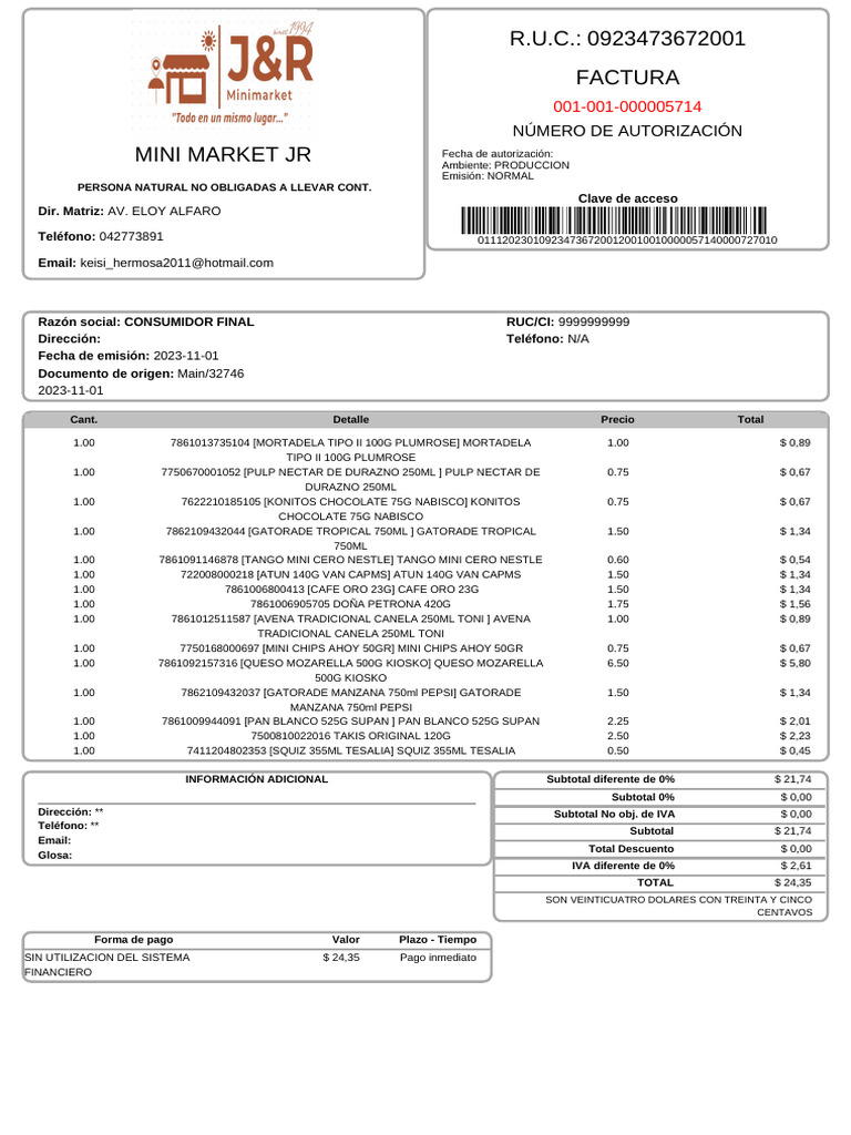 Factura de compra Mini Market JR | PDF
