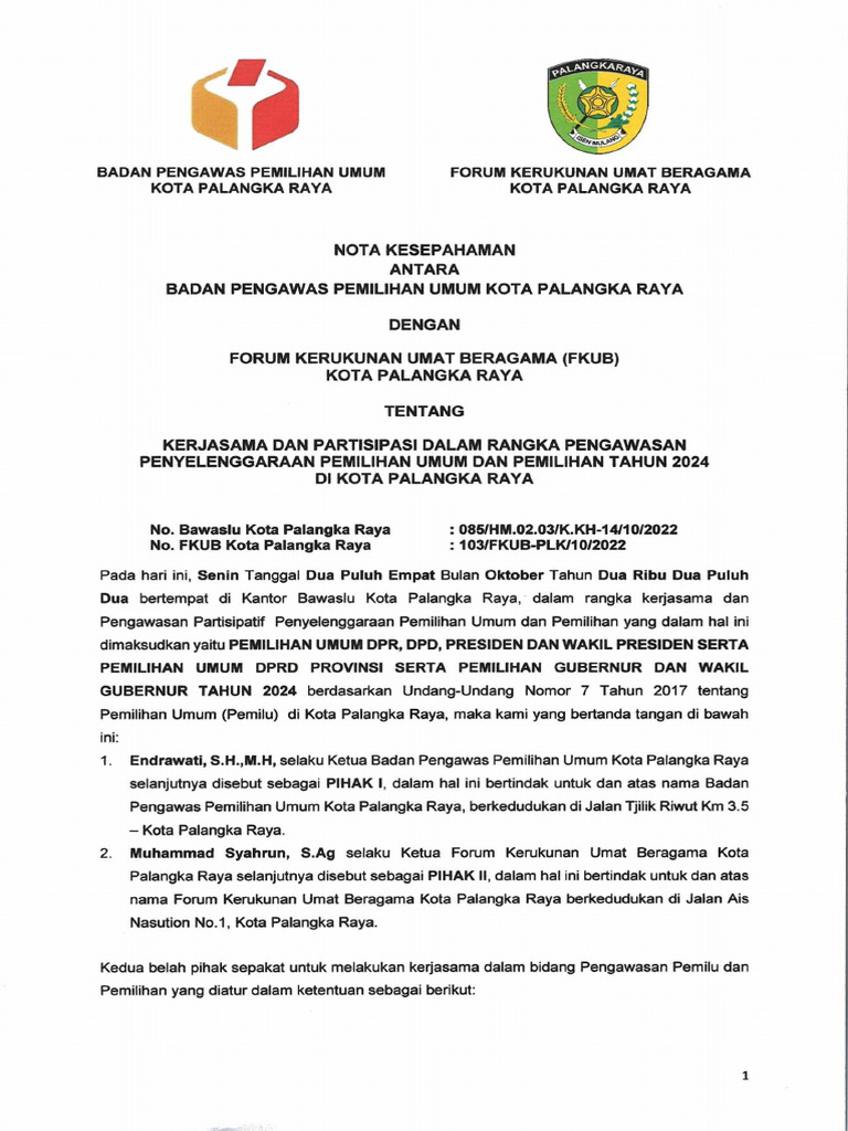 Nota Kesepahaman Dengan Fkub Kota Palangka Raya | PDF