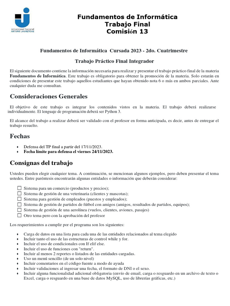 UNAJ-Trabajo-Práctico-Integrador-Promoción-Comisión 13 | PDF | Informática | Python (lenguaje de ...