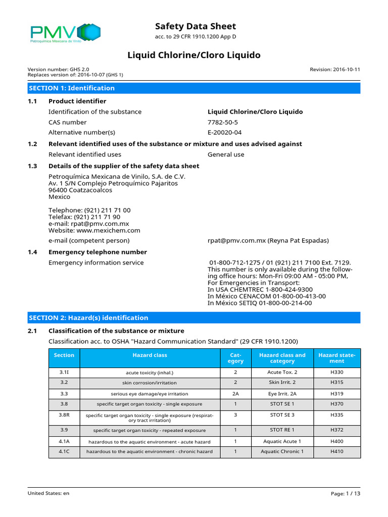 MSDS Chlorine | PDF | Dangerous Goods | Toxicity