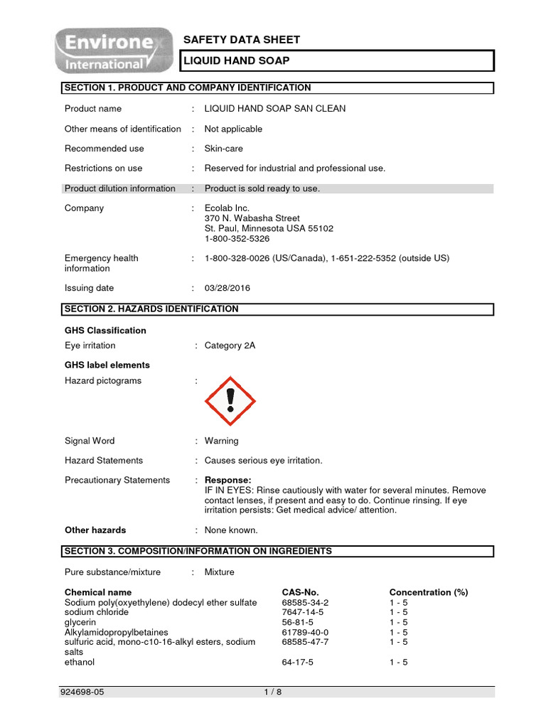 MSDS Handsoap Environment | PDF | Dangerous Goods | Toxicity