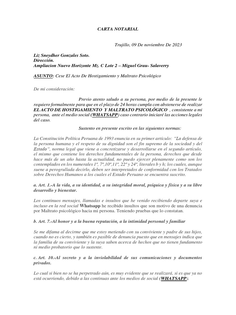 Carta Notarial Por Actos de Hostilidad y Maltrato Psicologico!! | PDF ...