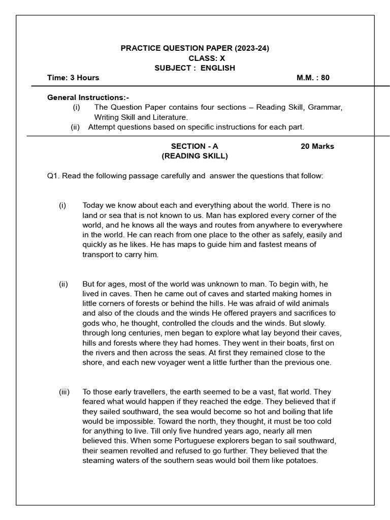 Practice Question Paper (2023-24) Class: X Subject: English Time: 3 ...