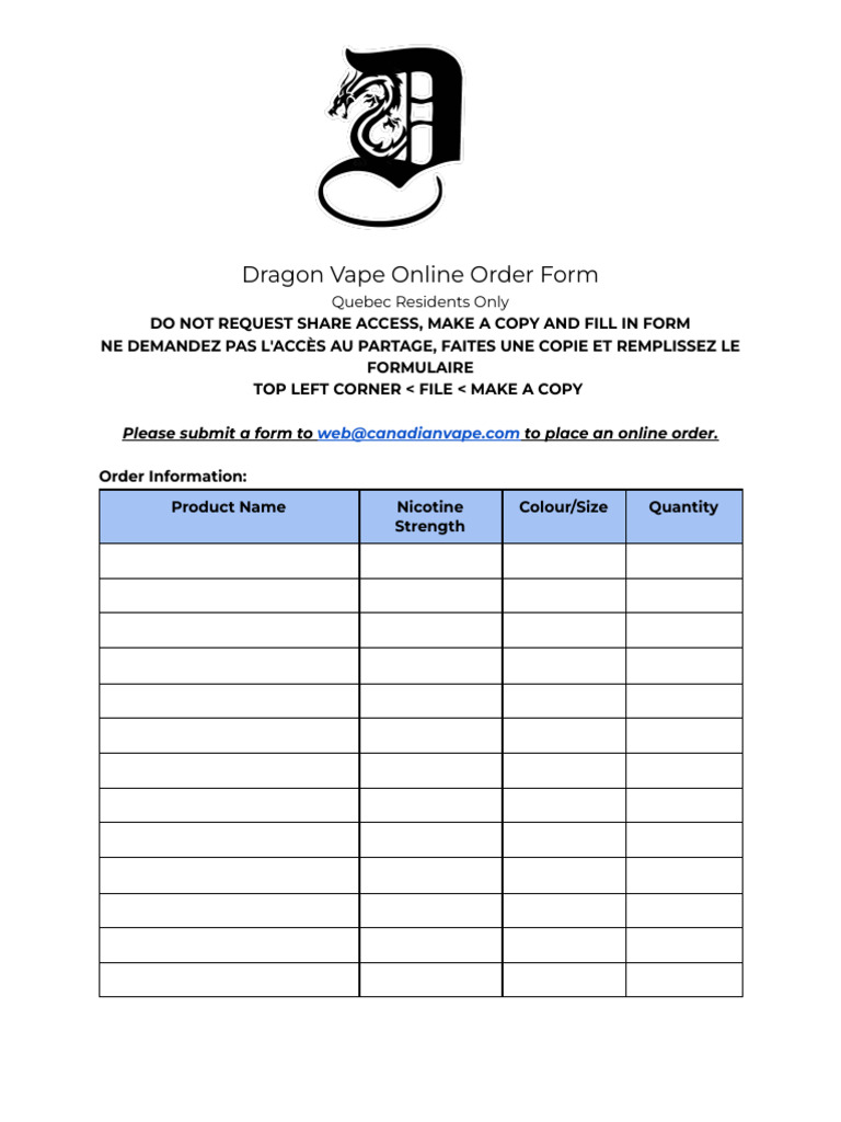 Dragon Vape Order Form - Quebec Residents | PDF