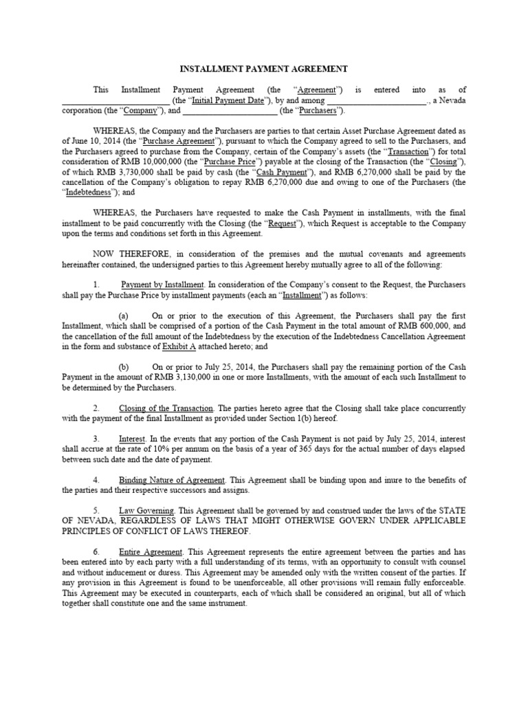 Installment Payment Agreement | PDF | Payments | Debt