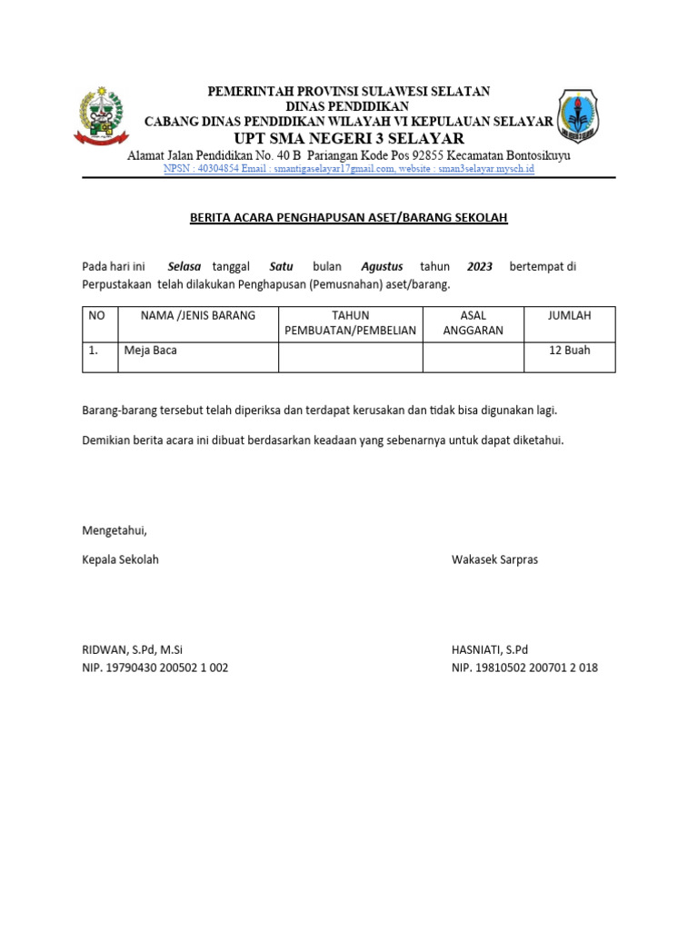 Berita Acara Penghapusan Barang | PDF