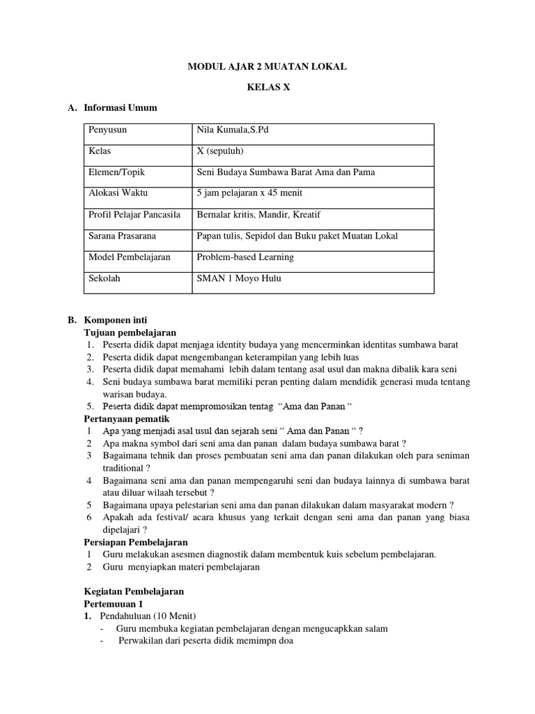 Contoh MODUL AJAR 2 MUATAN LOKAL KELAs X PDF | PDF
