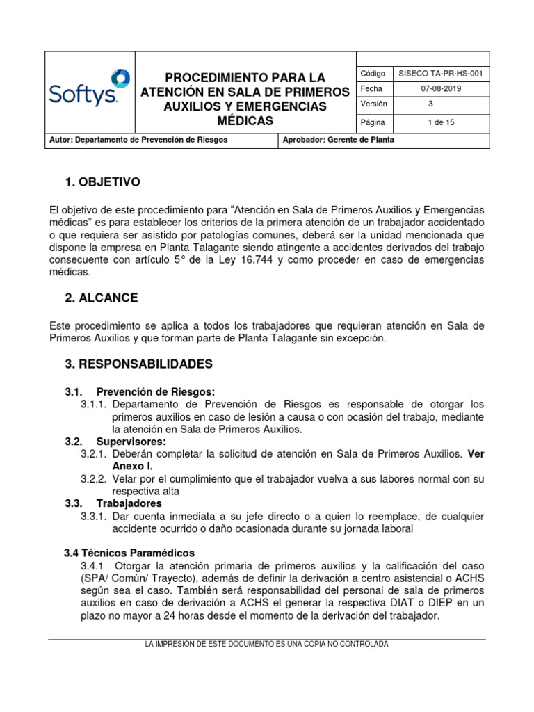 SISECO TA-PR-HS-001, Atención en Sala de Primeros Auxilios y Emergencias Médicas REV3 ...