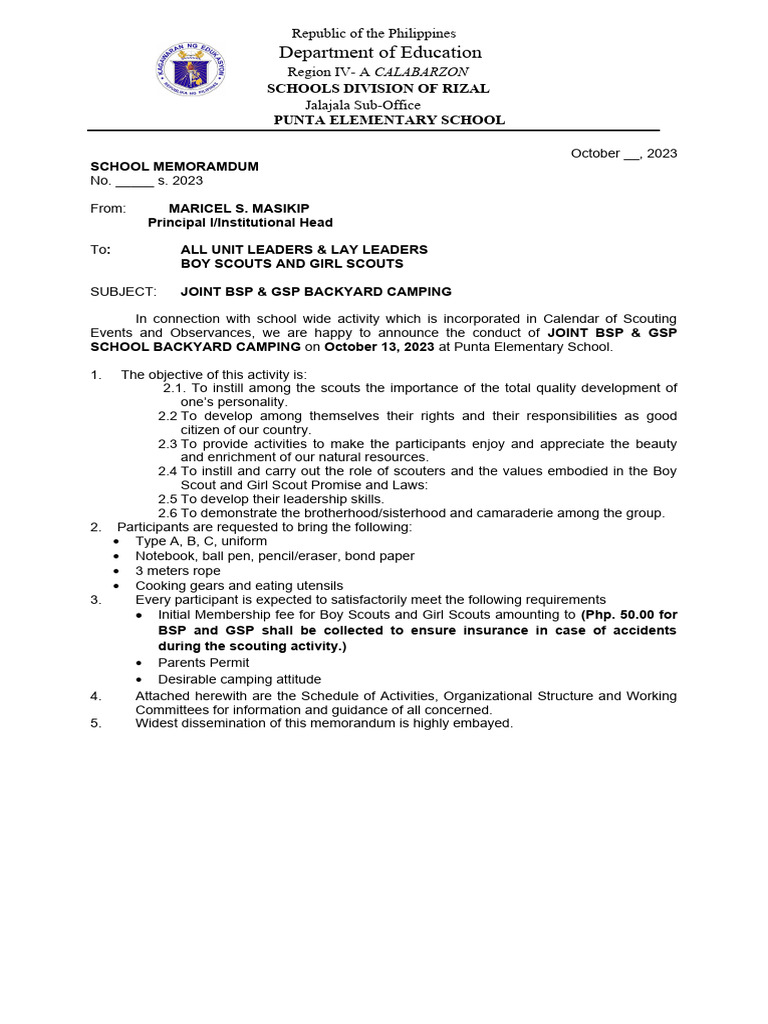 2023 Joint BSP and GSP Backyard Camping Memo Punta Es | PDF | Scouting | Youth Organizations