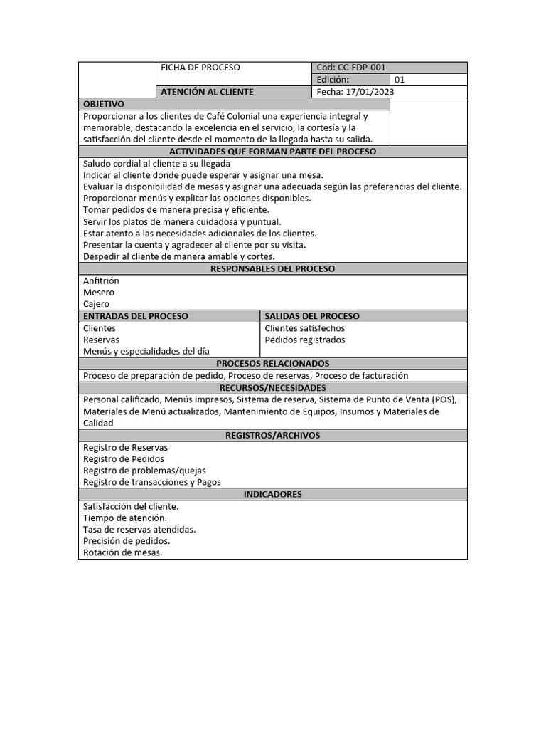 Ficha de Proceso | Descargar gratis PDF | Cocina | Business