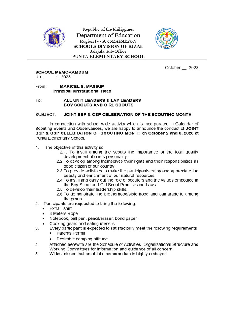 2023 Joint BSP and GSP Backyard Camping Memo Punta Es Final | PDF