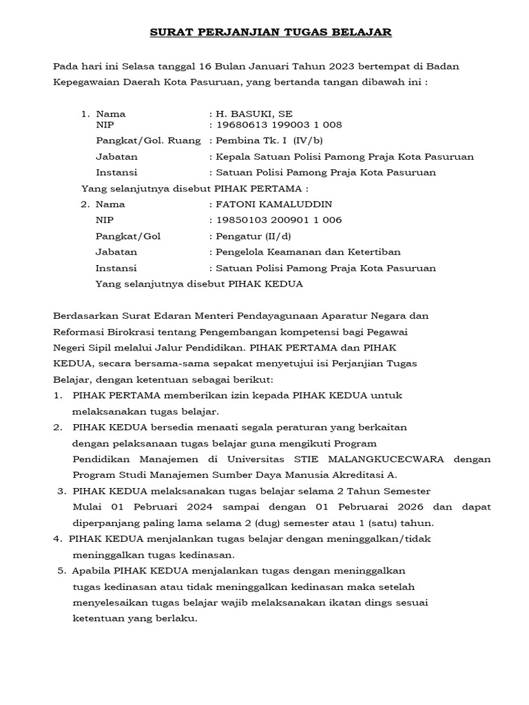 Perjanjian Tugas Belajar PNS | PDF