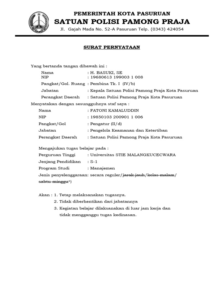 Surat Pernyataan Kepala SKPD 2 | PDF