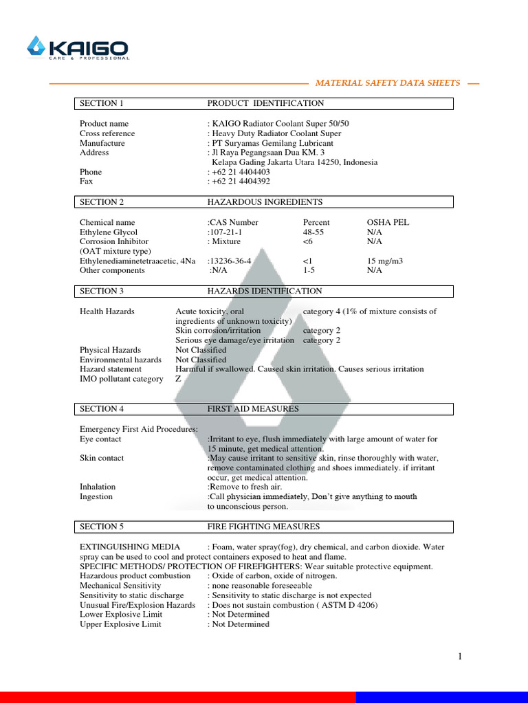 MSDS KAIGO Radiator Coolant Super 50 | PDF | Dangerous Goods | Hazards