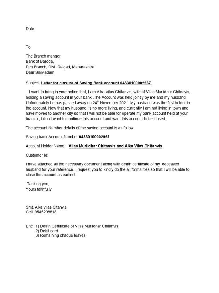 Bank of Baroda Account Closer Letter | PDF