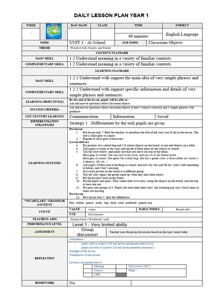 Week 7 - Unit 1 at School | PDF | Lesson Plan | Teachers
