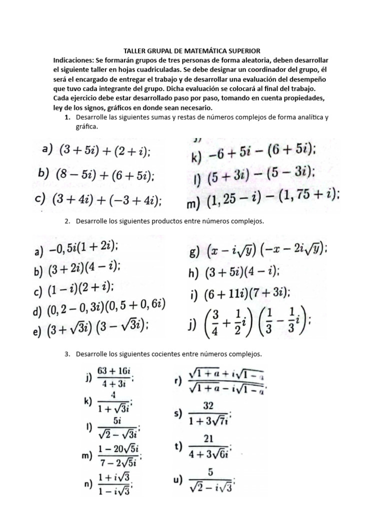 TALLER GRUPAL DE MATEMÁTICA SUPERIOR - Numeros Complejos-1 | PDF