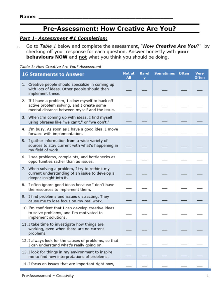 PreAssessmentCreativity W23 | PDF | Creativity | Insight