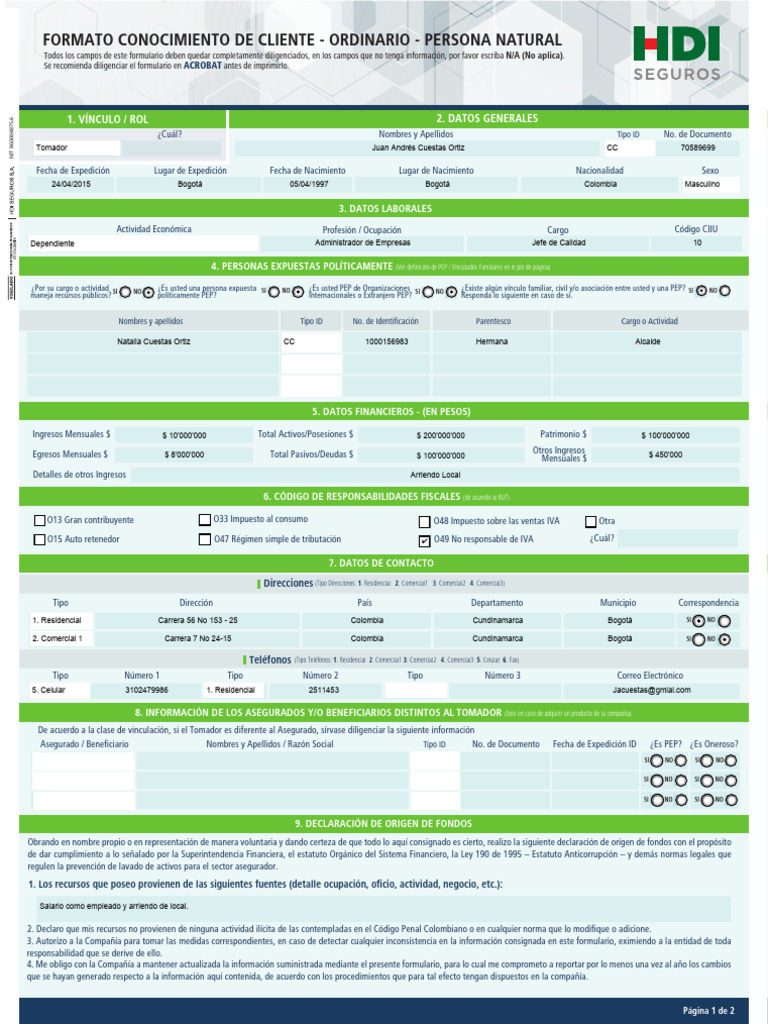 Ejemplo Formato Conocimiento de ClienteOrdinario Persona Natural | PDF | Póliza de seguros | Seguro