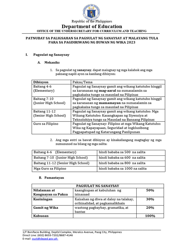 Patnubay Sa Paligsahan Sa Pagsulat NG Sanaysay at Malayang Tula para Sa ...