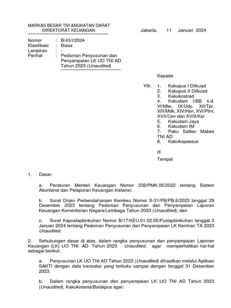 Surat B Dirkuad Nomor 43 2024 TTG Pedoman Penyusunan Penyampaian LK Uo Tni Ad Tahun 2023 | PDF