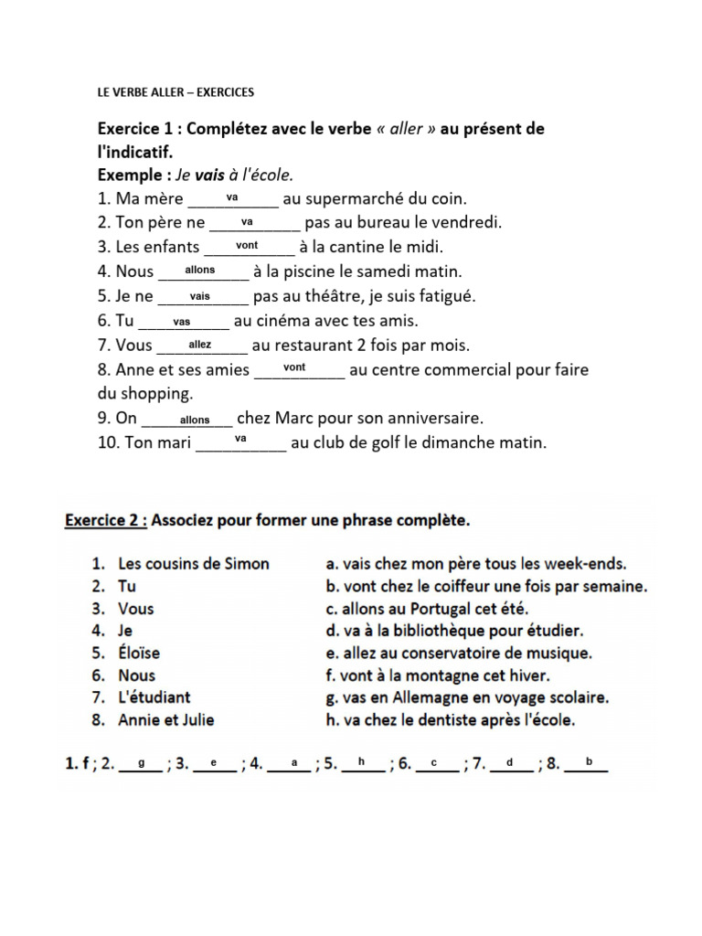 Le Verbe Aller Exercice | PDF