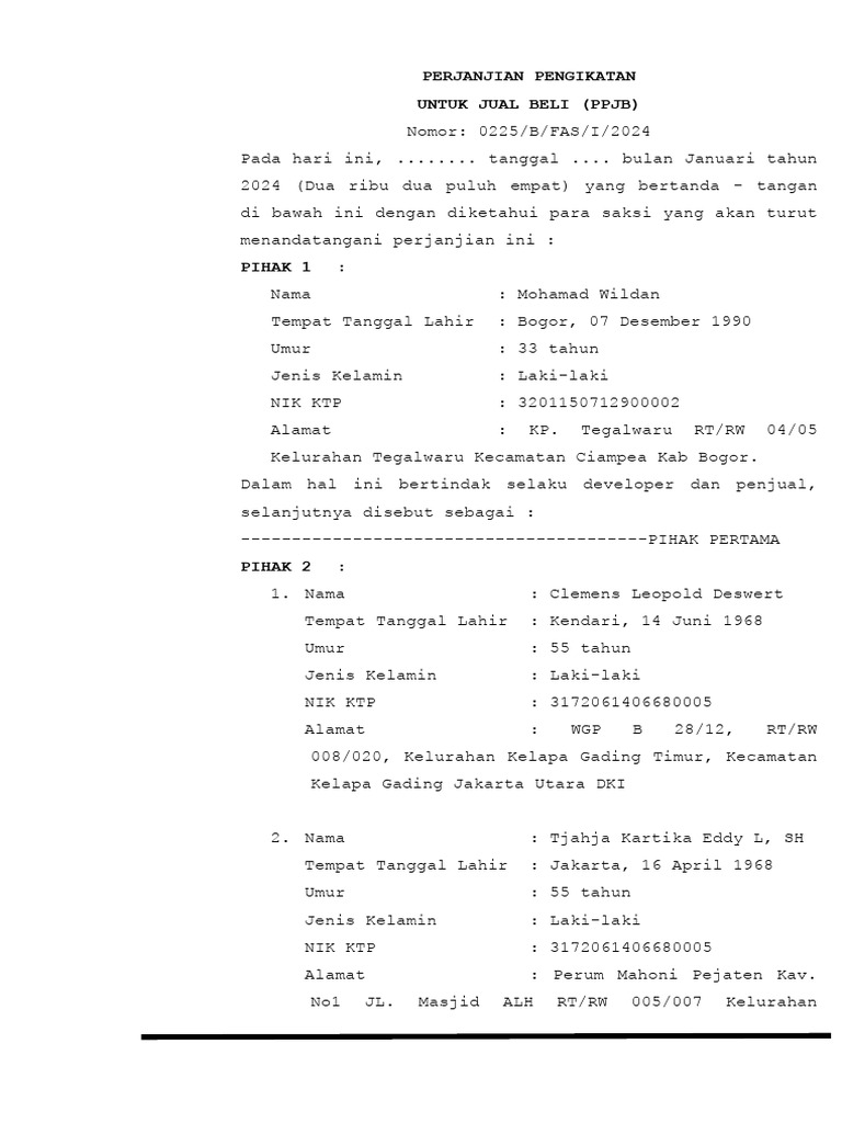 2024 - Draft PPJB Villakost A2 Pak Clew Dan Rekan | PDF