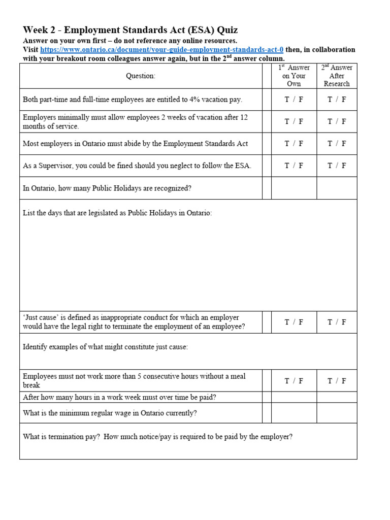 ESA Quiz: Key Employment Standards | PDF