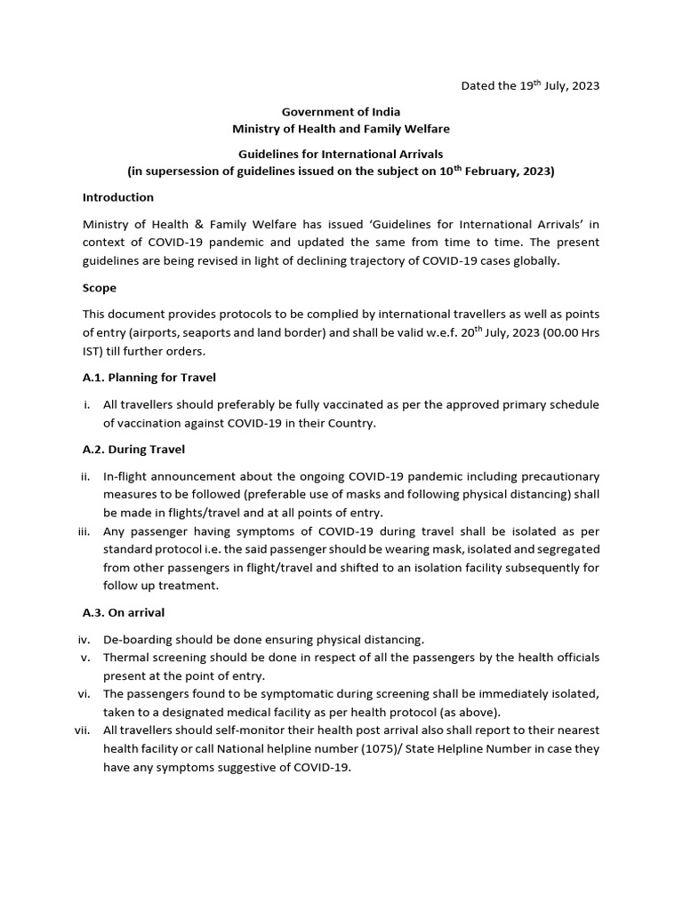 Guidelinesfor International Arrivals 19 TH July 2023 | PDF