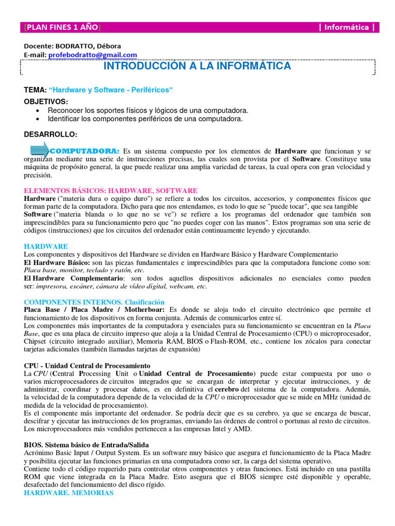 1°FINES - Informática - HARDWARE Y SOFTWARE - ACTIVIDAD N°3 | PDF | Hardware de la computadora ...