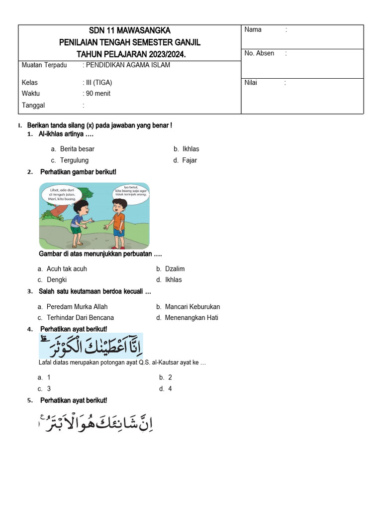 Soal PTS PAI Kelas 3 Genap K13 | PDF